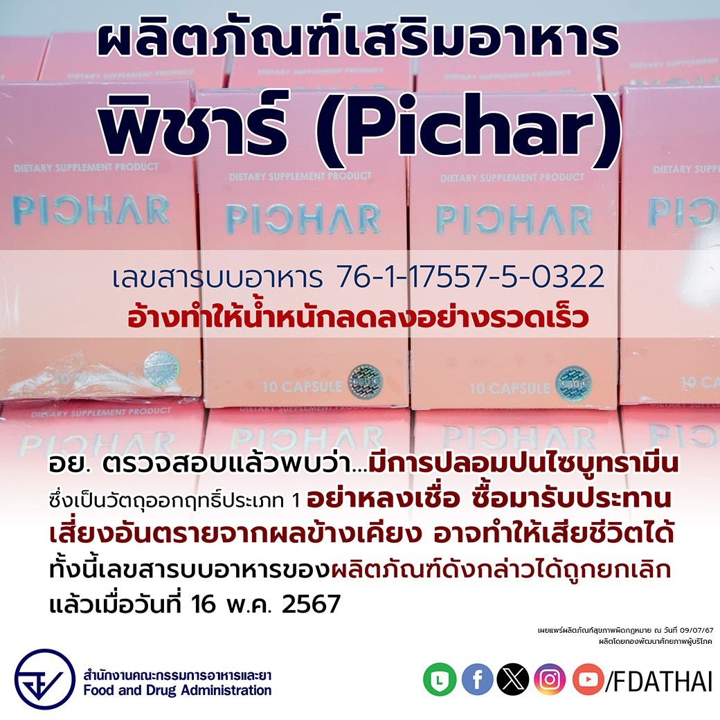 เตือนภัยผลิตภัณฑ์เสริมอาหาร "พิชาร์ (Pichar)" - กลุ่มงานคุ้มครอง ...